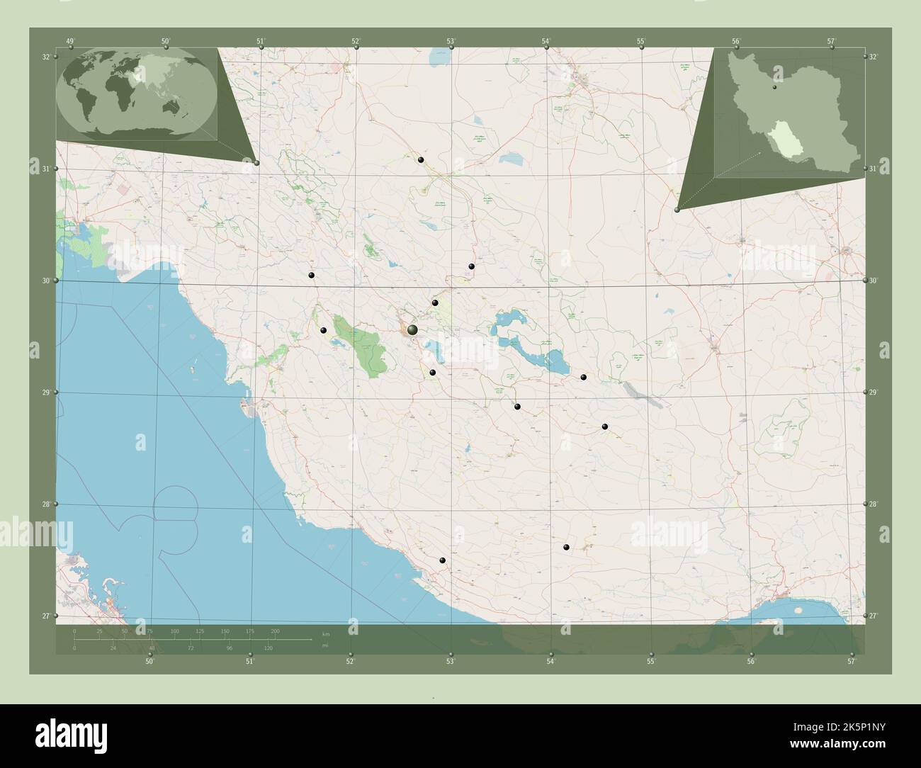 Fars, province of Iran. Open Street Map. Locations of major cities of ...