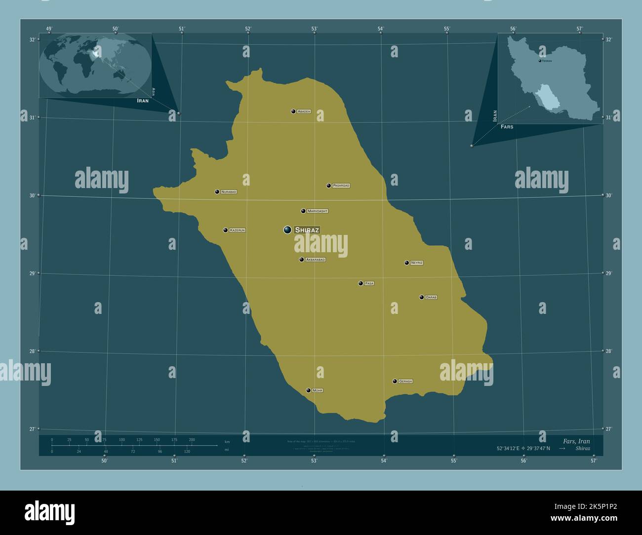 Fars, province of Iran. Solid color shape. Locations and names of major ...