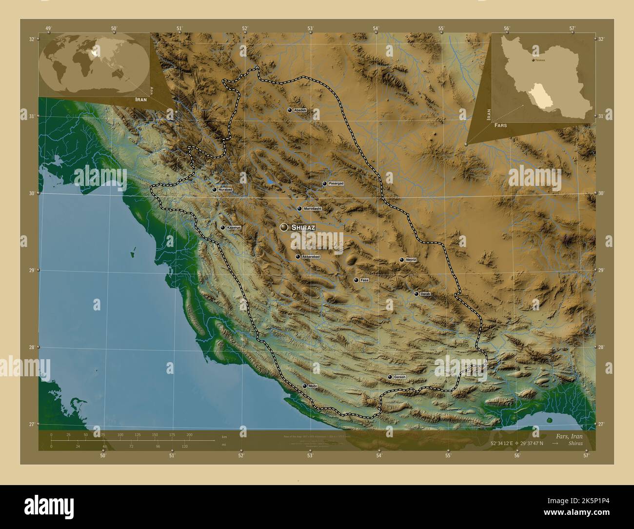 Fars, province of Iran. Colored elevation map with lakes and rivers ...