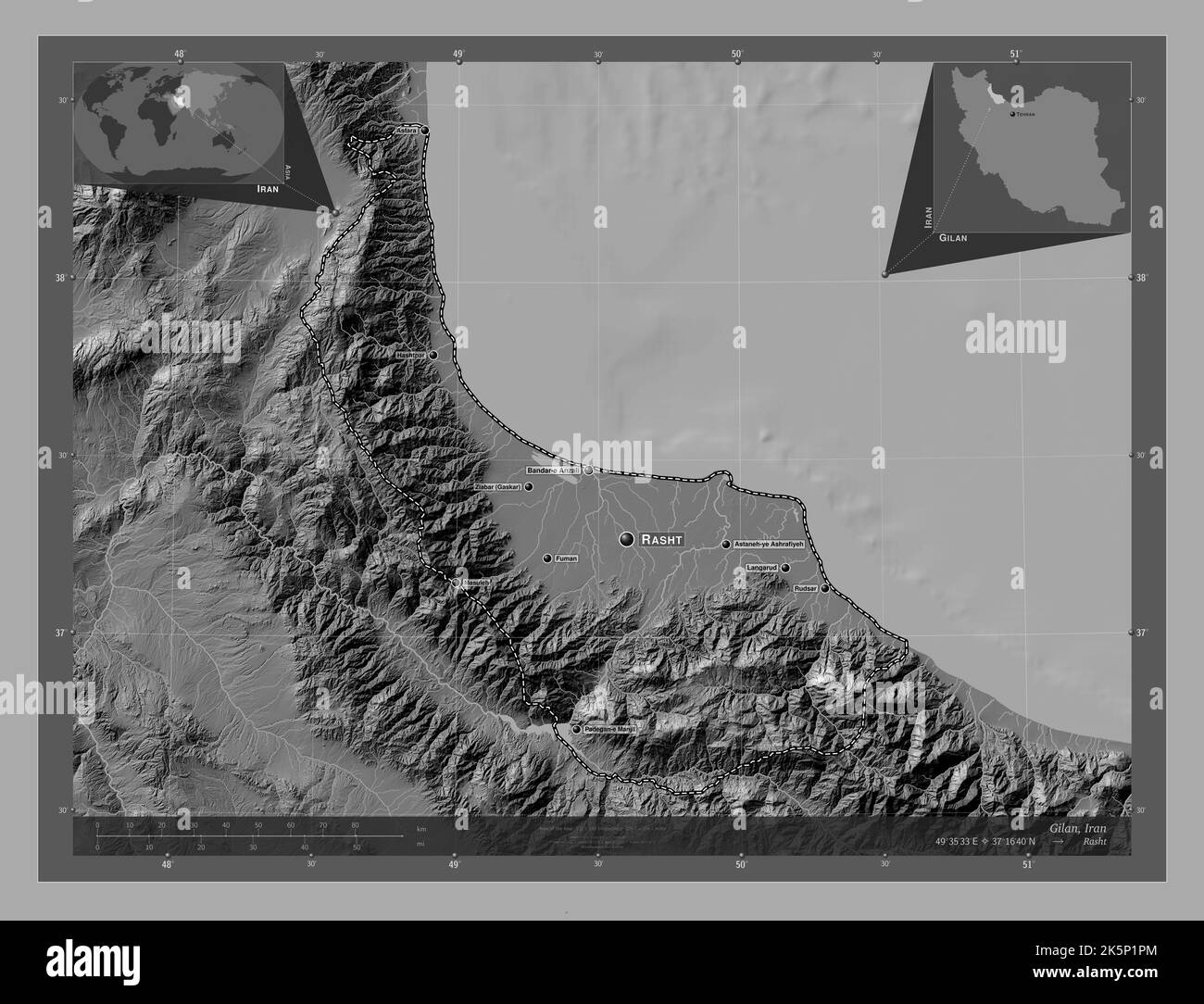 Gilan, province of Iran. Bilevel elevation map with lakes and rivers ...