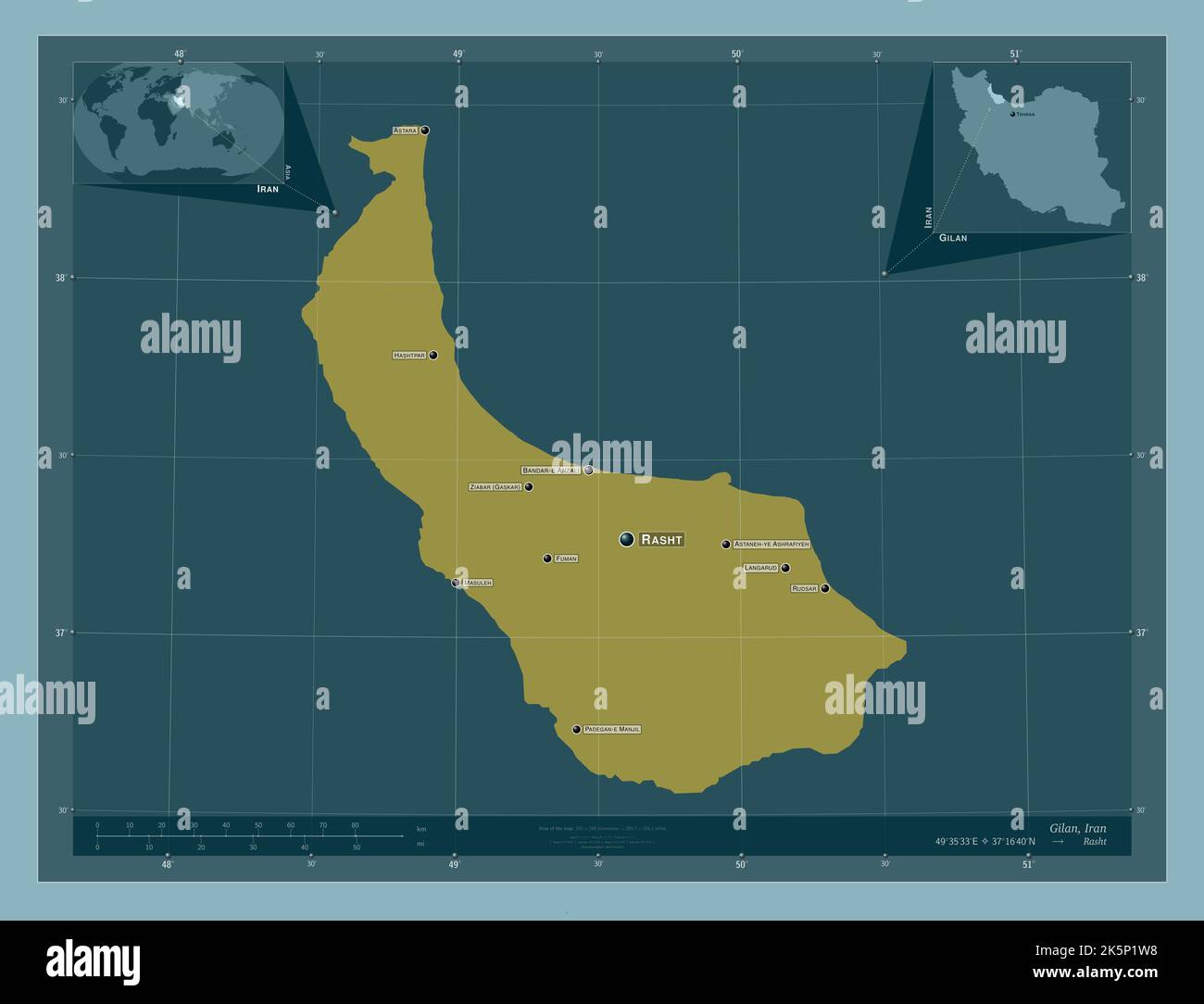 Gilan, province of Iran. Solid color shape. Locations and names of ...