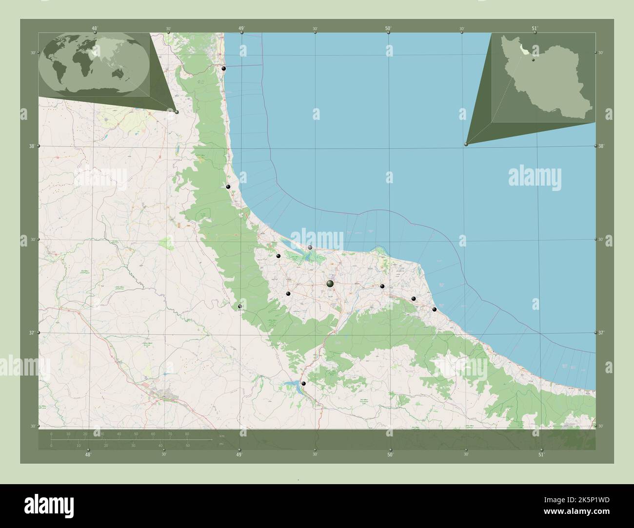 Gilan, province of Iran. Open Street Map. Locations of major cities of ...