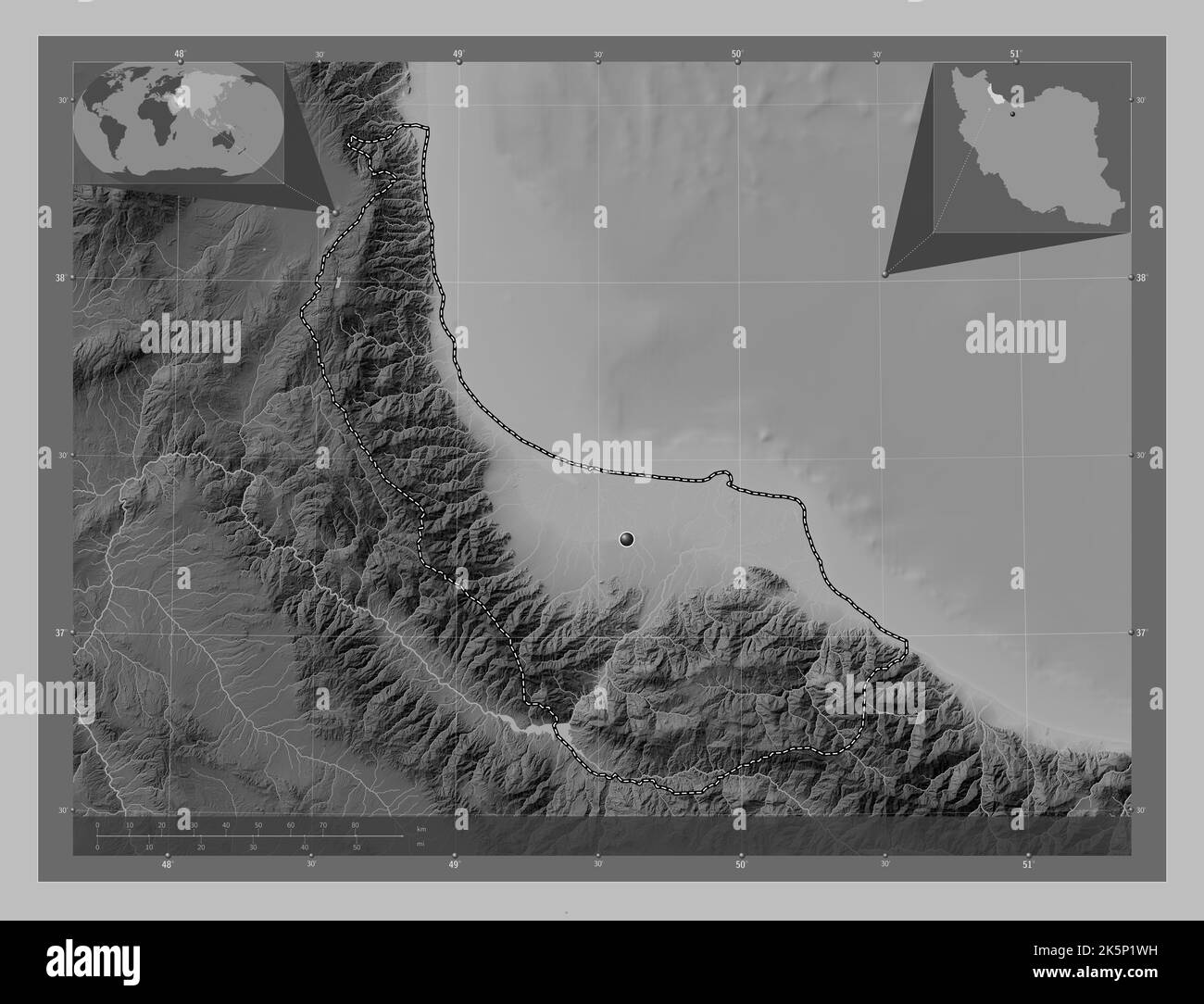 Gilan, province of Iran. Grayscale elevation map with lakes and rivers ...