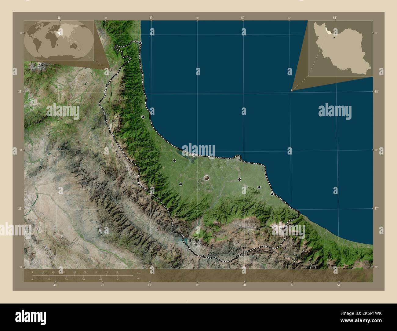 Gilan, province of Iran. High resolution satellite map. Locations of ...
