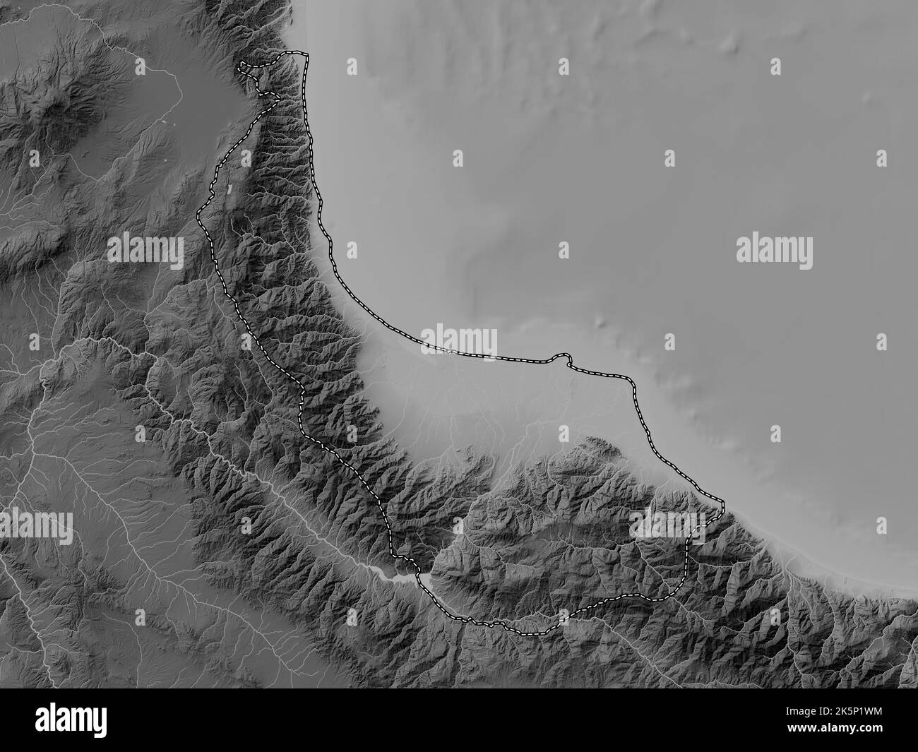 Gilan, province of Iran. Grayscale elevation map with lakes and rivers ...