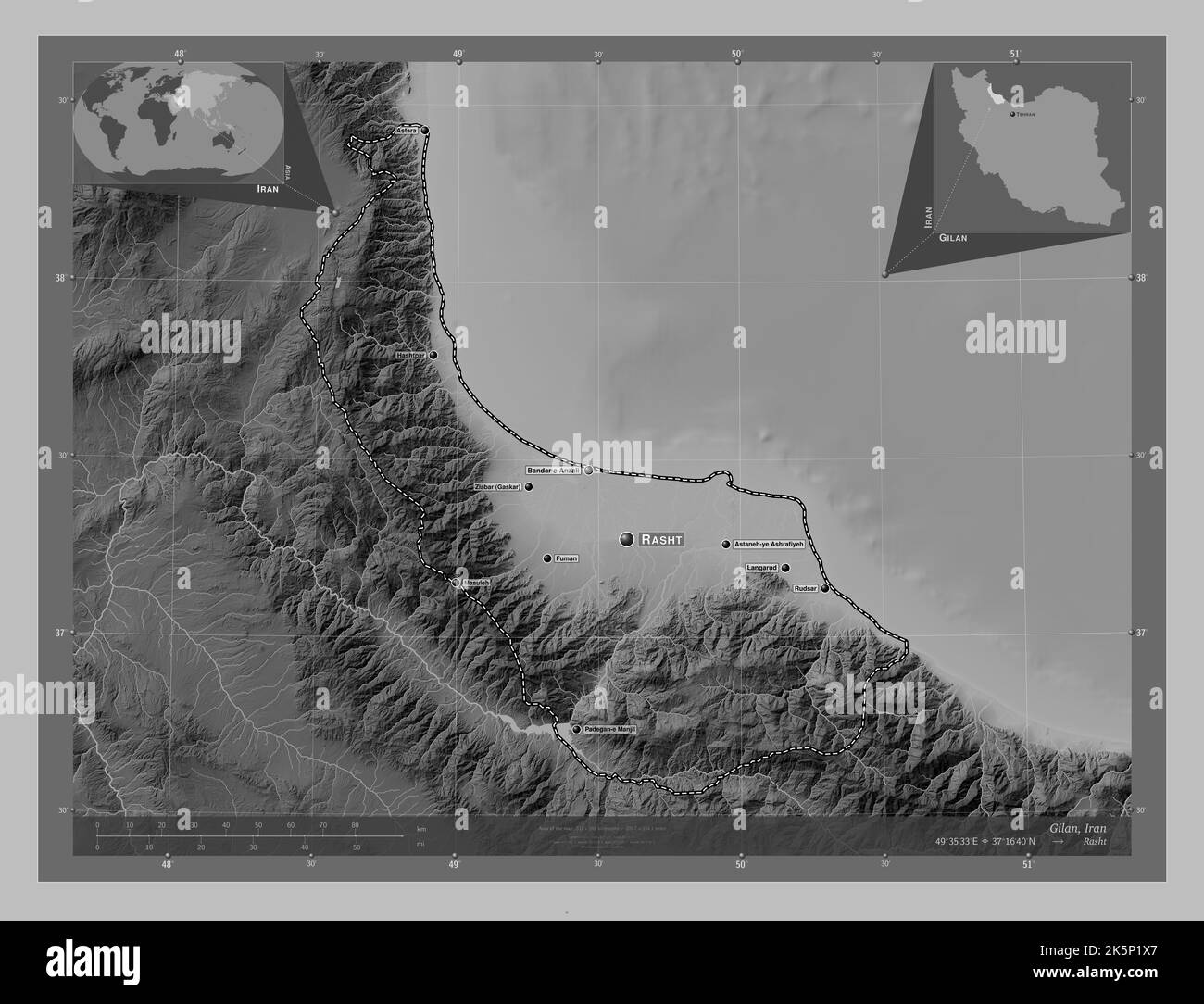 Gilan, province of Iran. Grayscale elevation map with lakes and rivers ...
