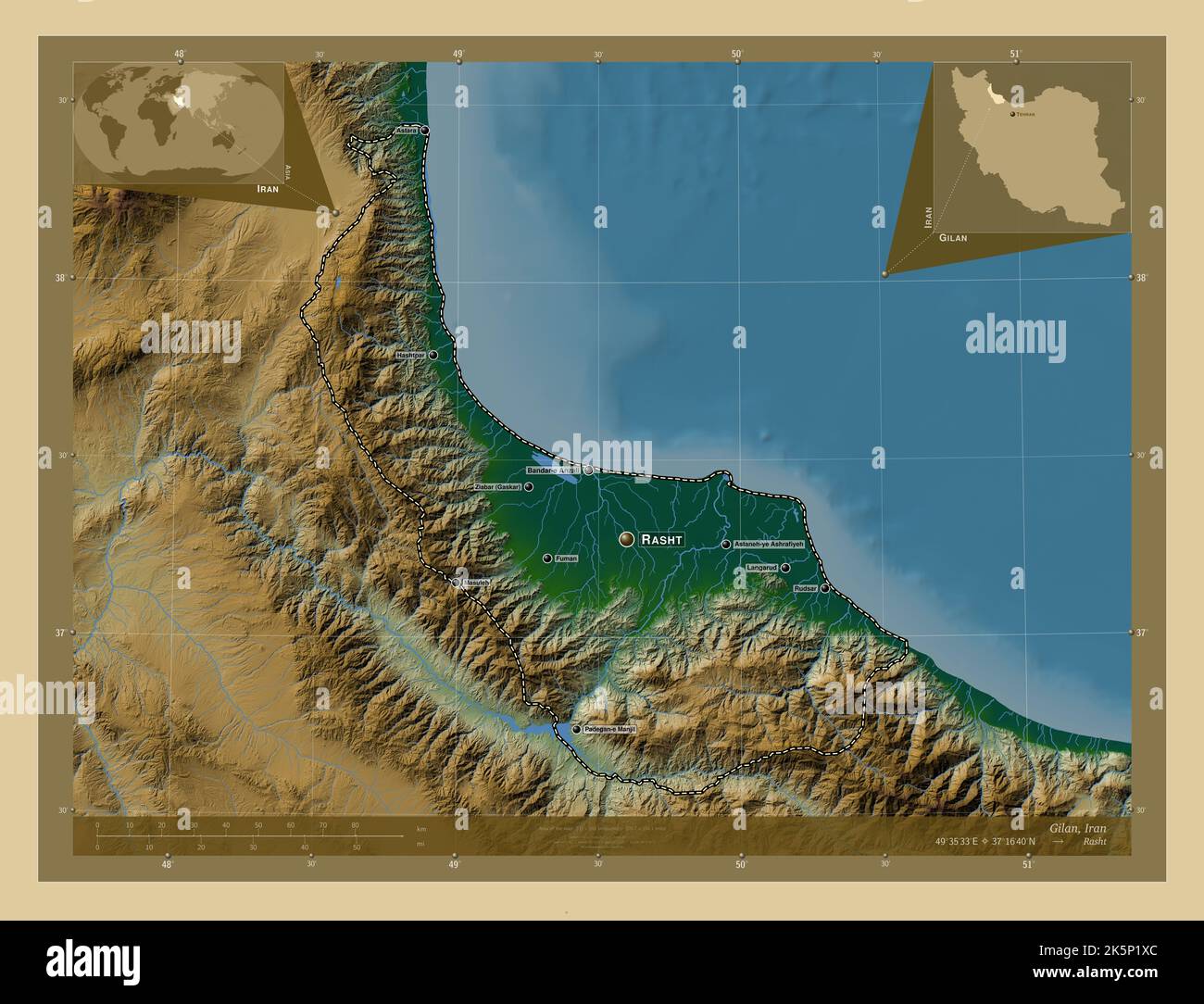 Gilan, province of Iran. Colored elevation map with lakes and rivers ...