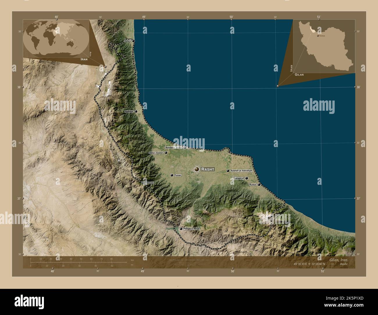 Gilan, province of Iran. Low resolution satellite map. Locations and ...