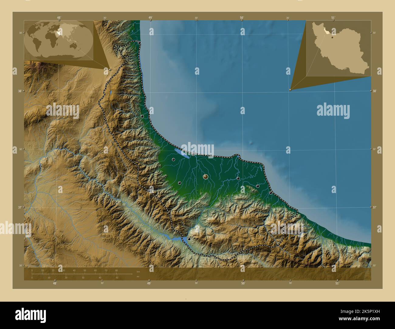 Gilan, province of Iran. Colored elevation map with lakes and rivers ...
