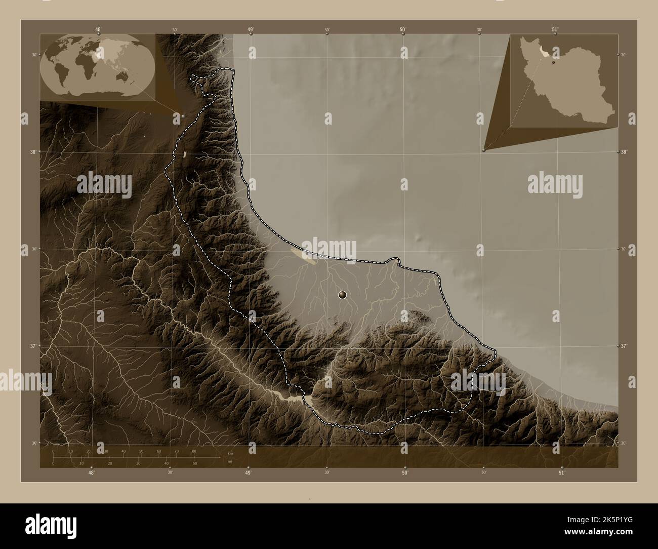 Gilan, province of Iran. Elevation map colored in sepia tones with ...
