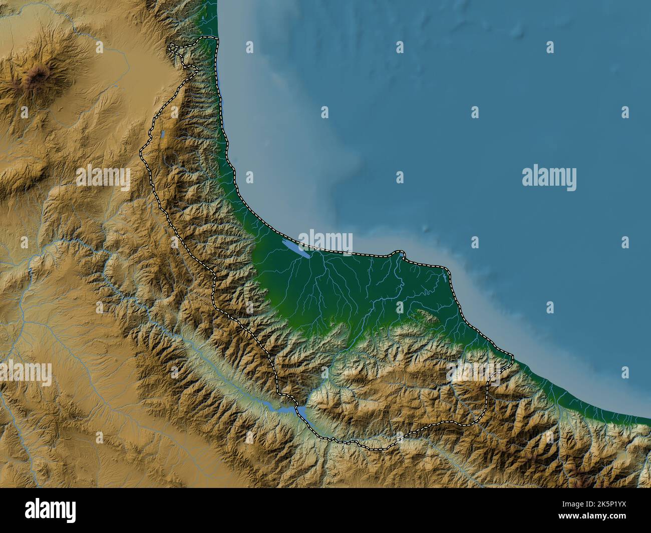 Gilan, province of Iran. Colored elevation map with lakes and rivers ...