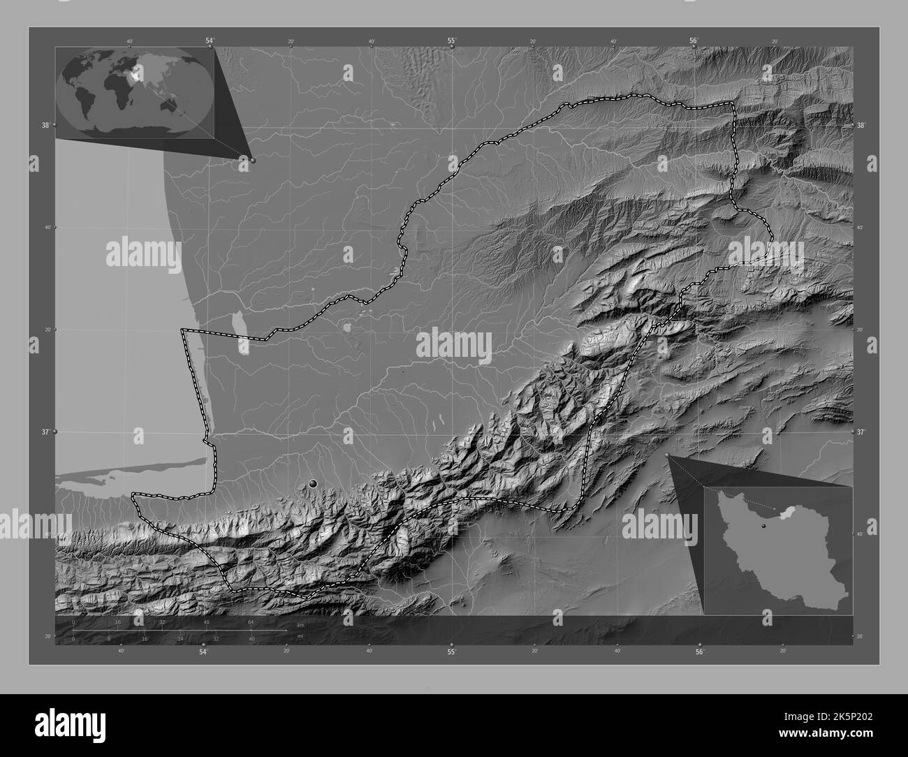 Golestan, province of Iran. Bilevel elevation map with lakes and rivers ...