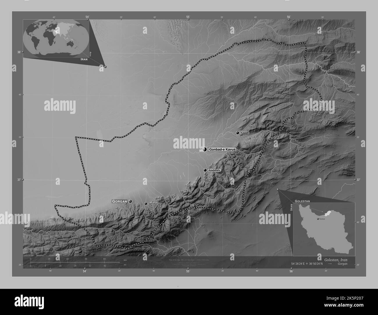 Golestan, province of Iran. Grayscale elevation map with lakes and ...