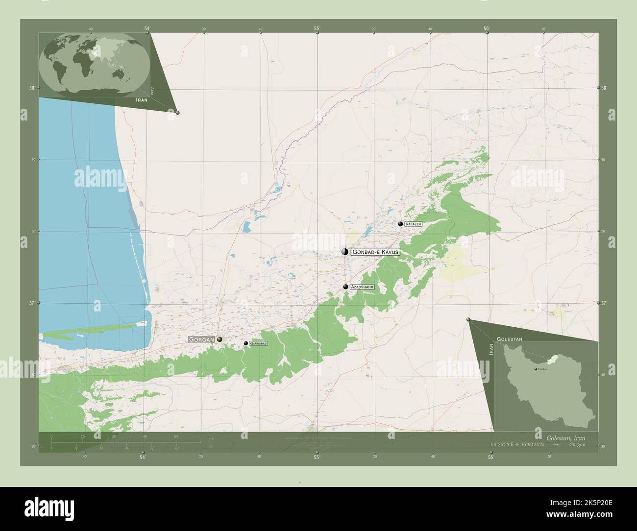 Golestan, province of Iran. Open Street Map. Locations and names of ...