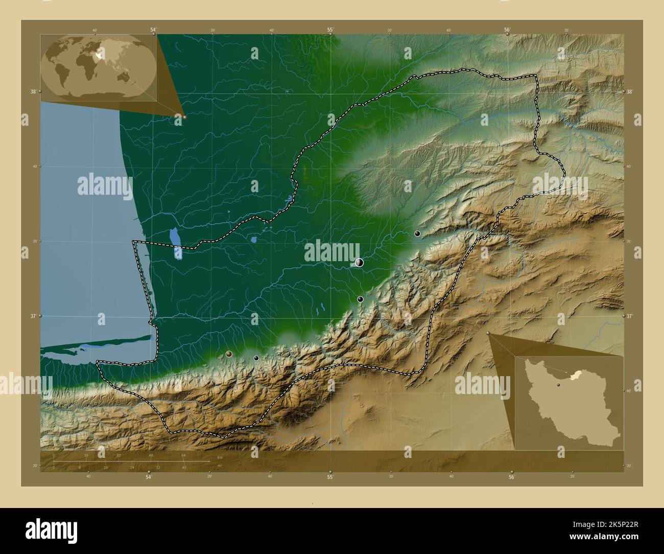 Golestan, province of Iran. Colored elevation map with lakes and rivers ...