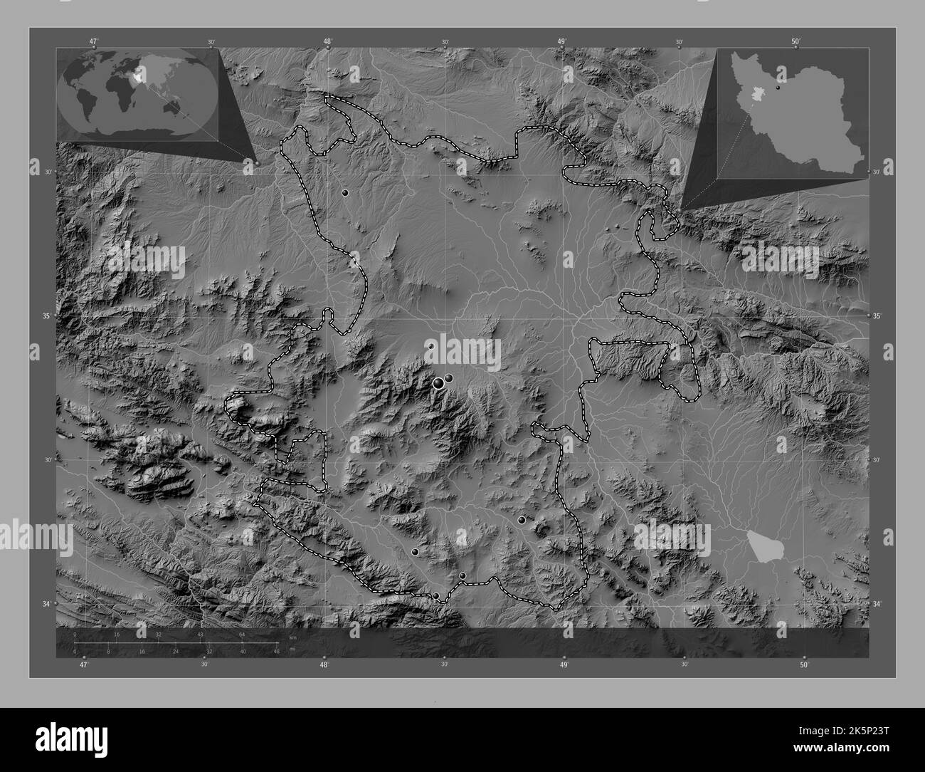 Hamadan, province of Iran. Bilevel elevation map with lakes and rivers ...