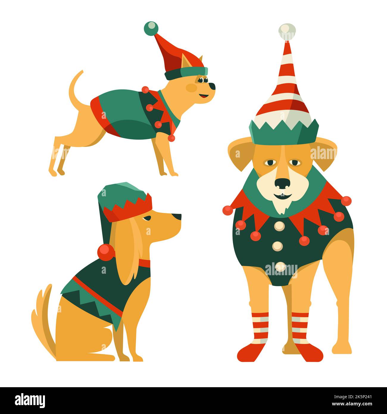 Funny dogs group in Christmas elf costumes vector Stock Vector Image ...