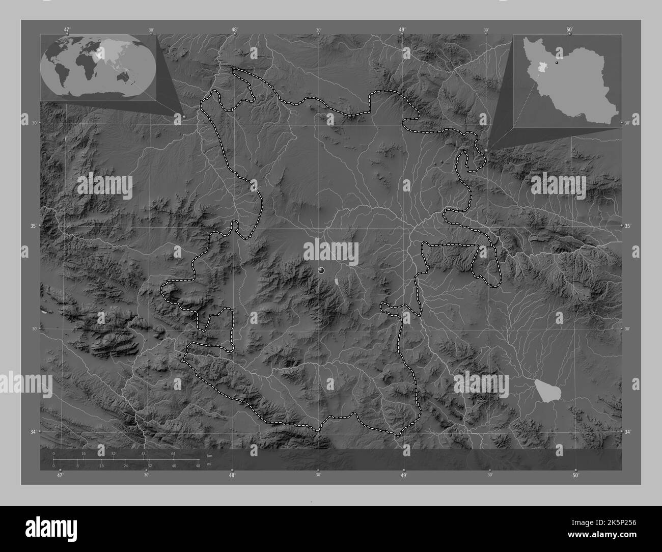 Hamadan, province of Iran. Grayscale elevation map with lakes and ...