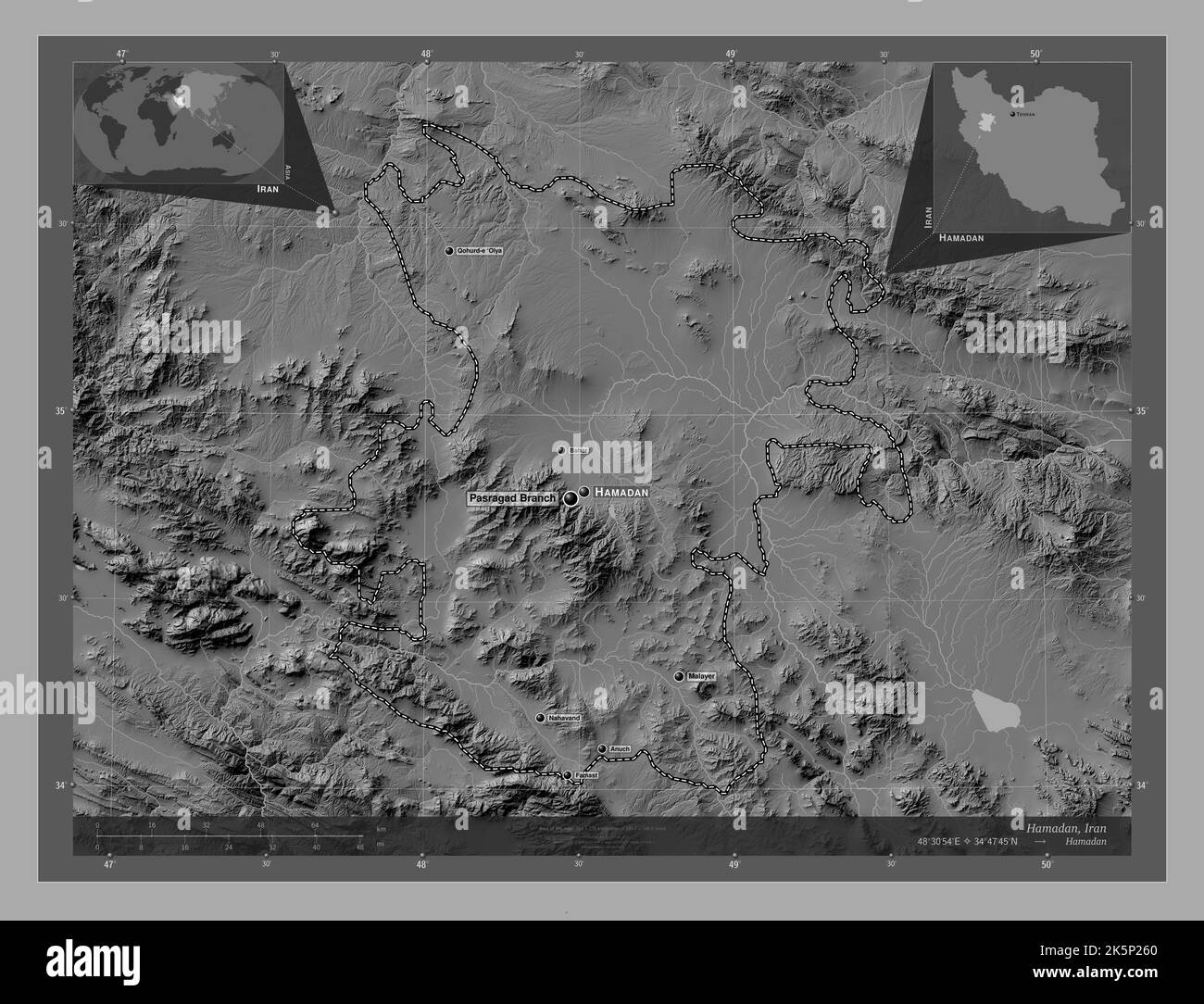 Hamadan, province of Iran. Bilevel elevation map with lakes and rivers ...