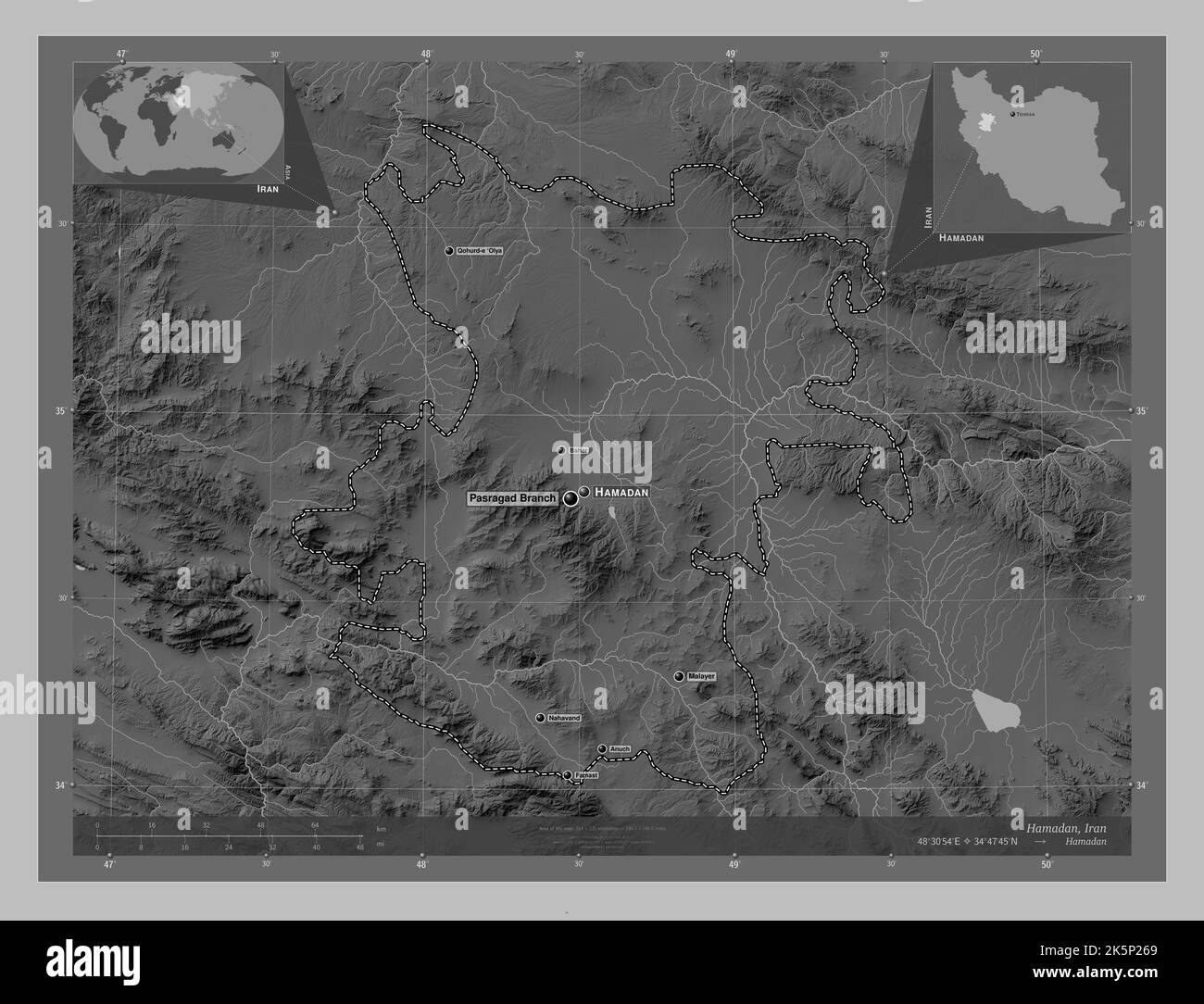 Hamadan, province of Iran. Grayscale elevation map with lakes and ...