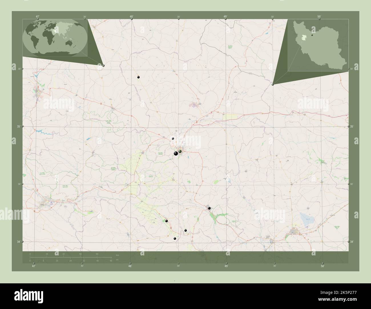 Hamadan, province of Iran. Open Street Map. Locations of major cities ...