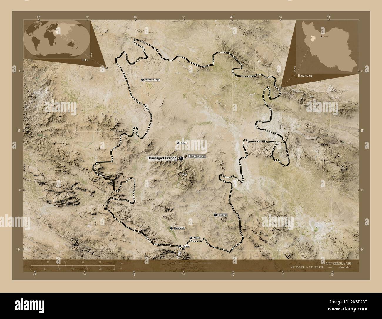 Hamadan, province of Iran. Low resolution satellite map. Locations and ...