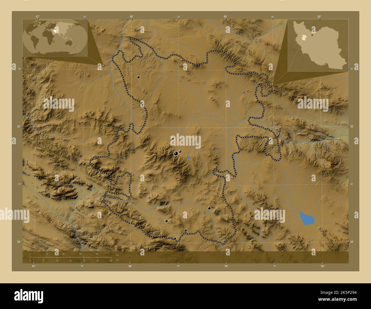 Hamadan, province of Iran. Colored elevation map with lakes and rivers ...
