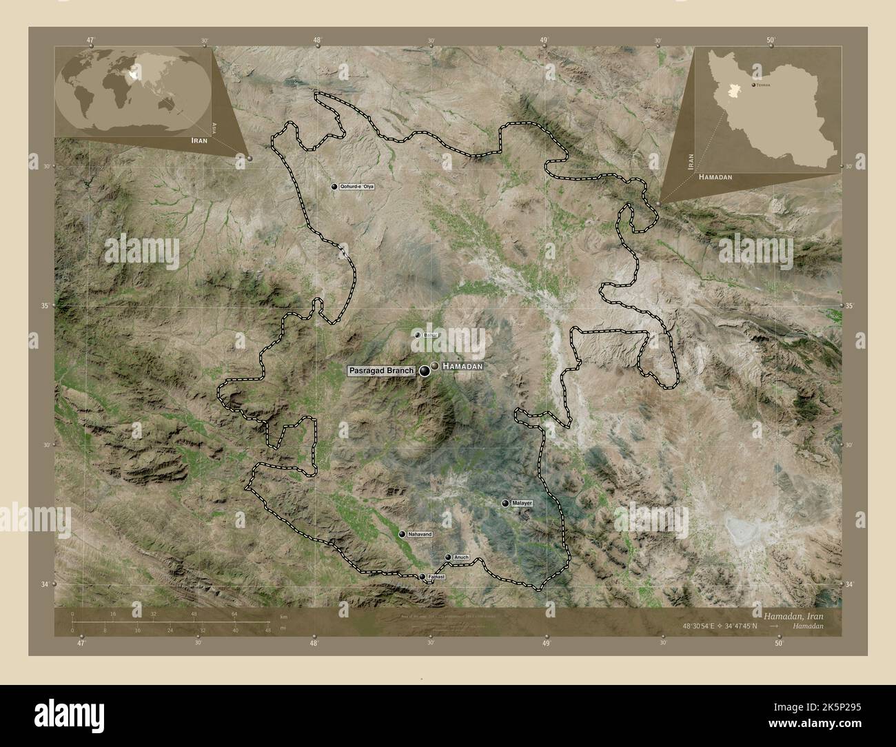 Hamadan, province of Iran. High resolution satellite map. Locations and ...