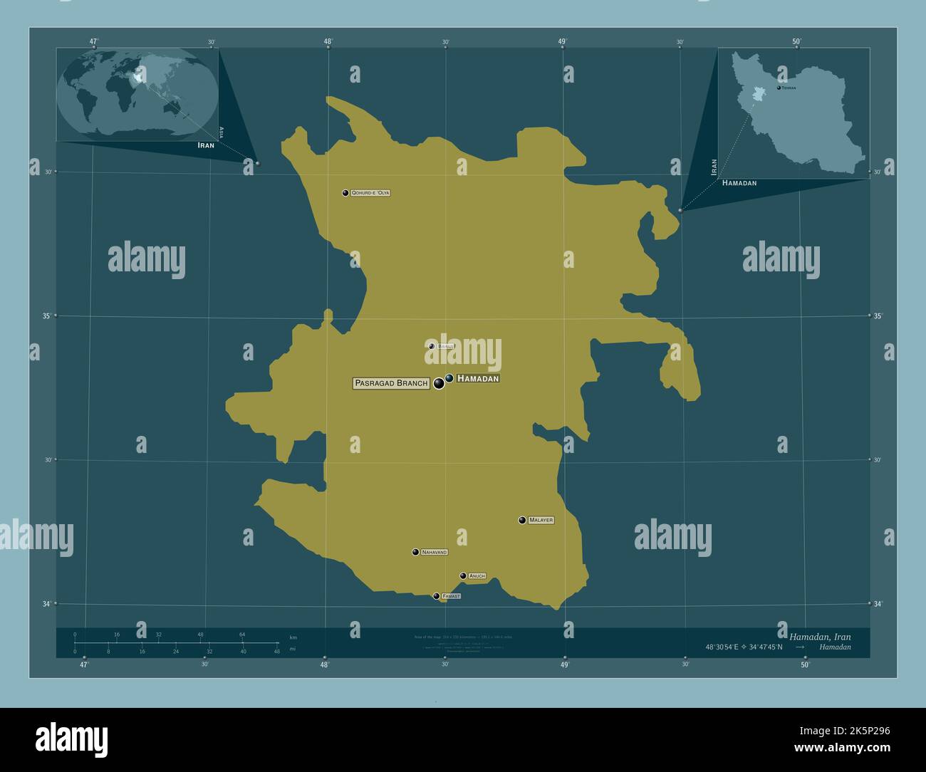Hamadan, province of Iran. Solid color shape. Locations and names of ...