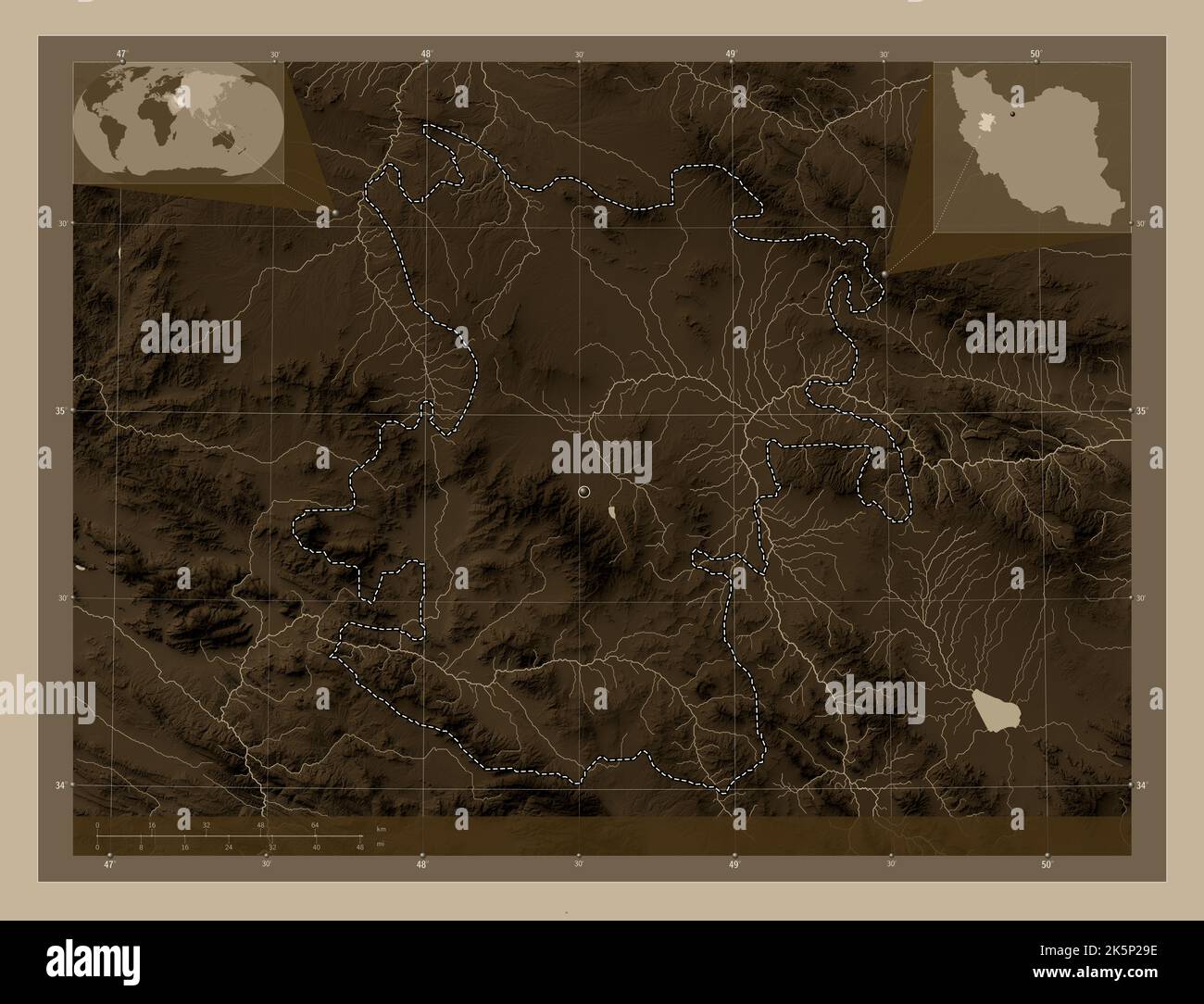 Hamadan, province of Iran. Elevation map colored in sepia tones with ...