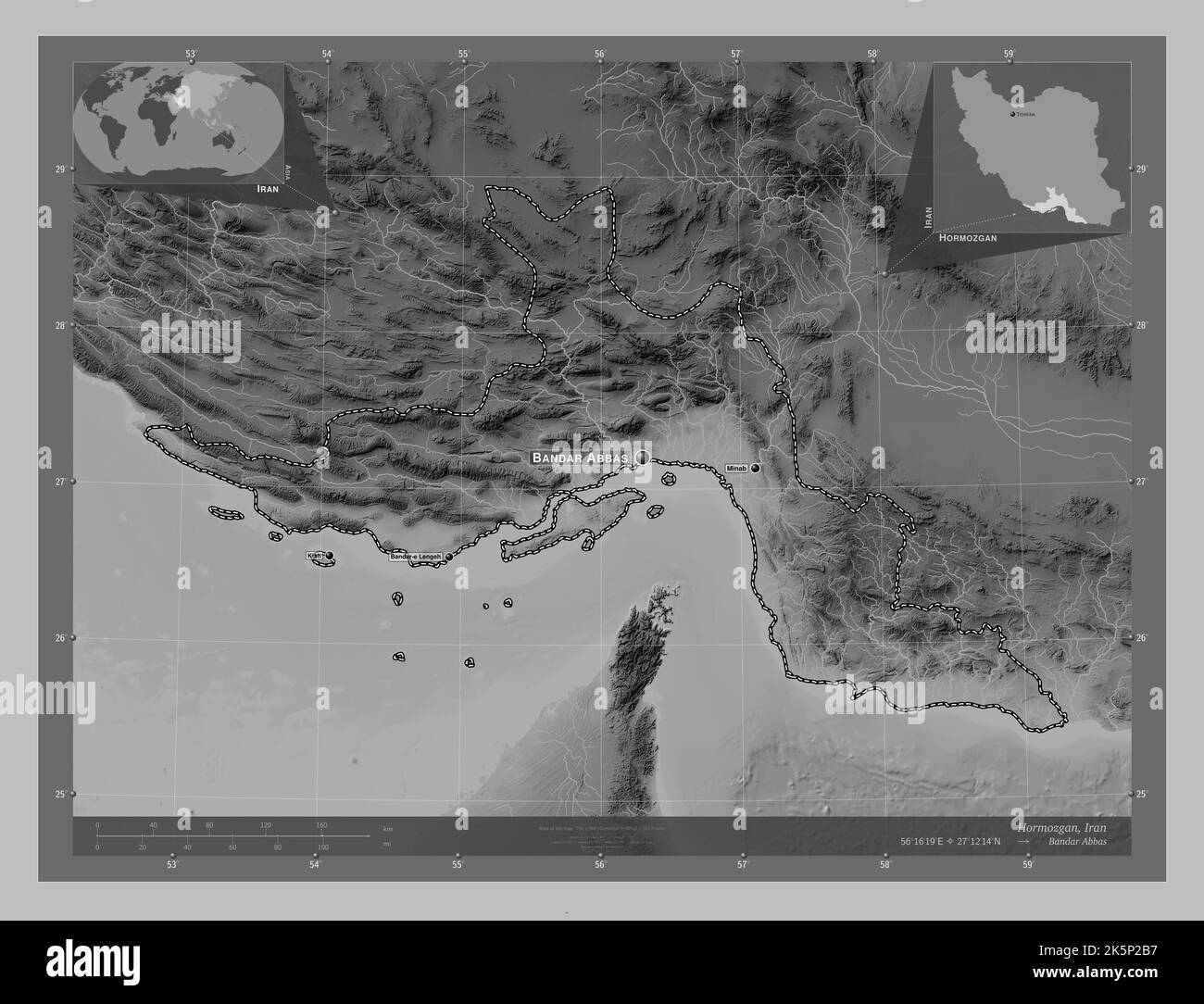 Hormozgan, province of Iran. Grayscale elevation map with lakes and ...