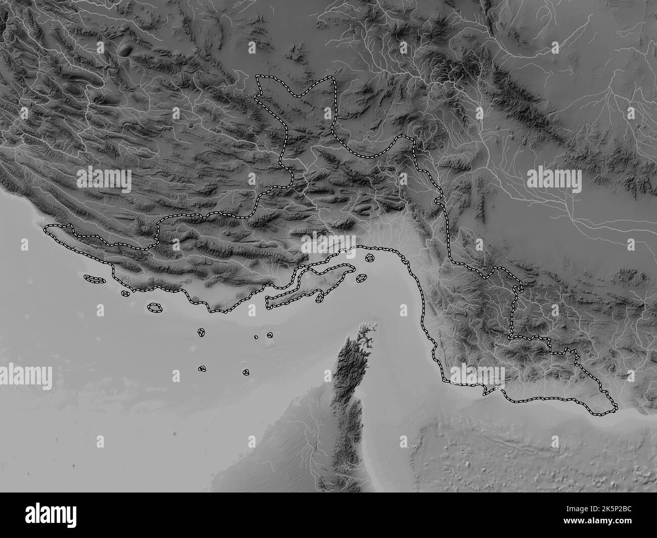 Hormozgan, province of Iran. Grayscale elevation map with lakes and ...