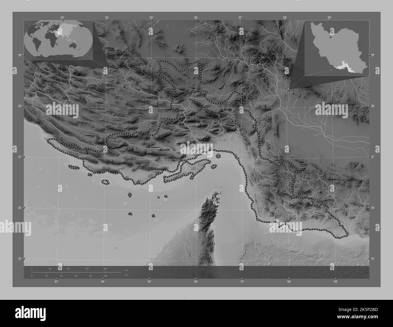 Hormozgan, province of Iran. Grayscale elevation map with lakes and ...