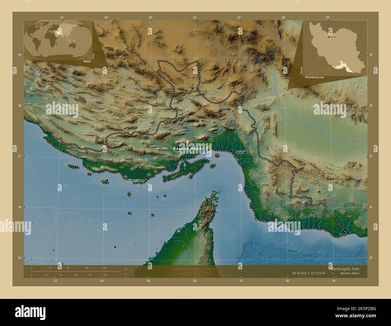 Hormozgan, province of Iran. Colored elevation map with lakes and ...