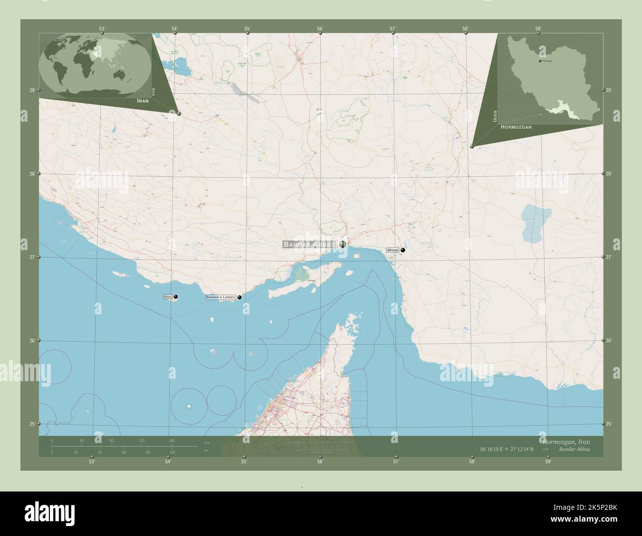 Hormozgan, province of Iran. Open Street Map. Locations and names of ...