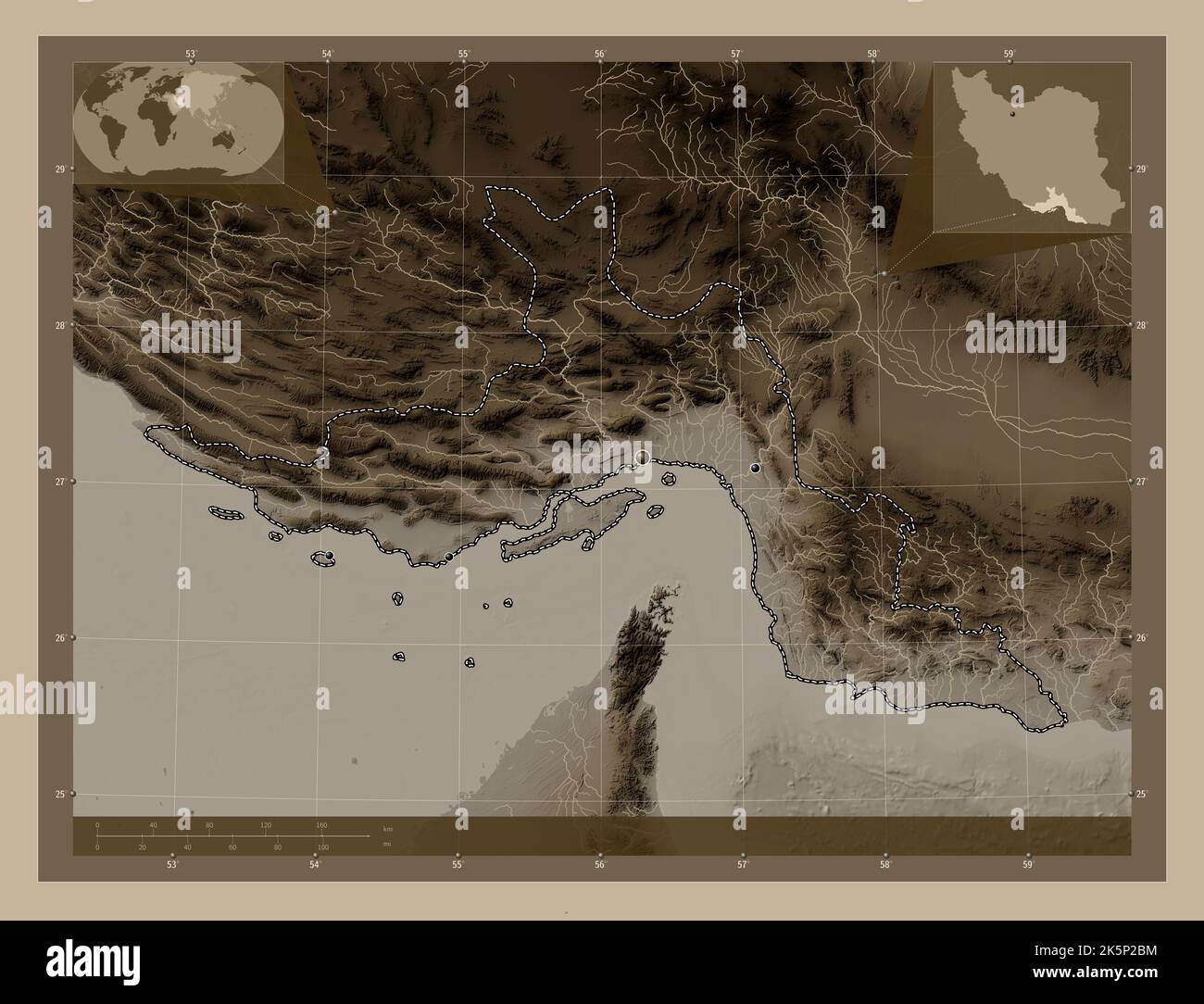Hormozgan, province of Iran. Elevation map colored in sepia tones with ...