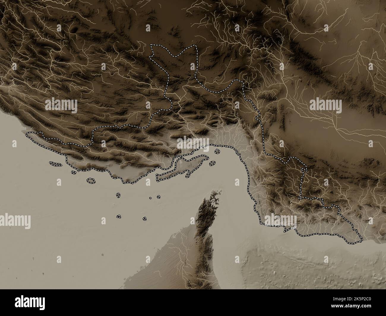 Hormozgan, province of Iran. Elevation map colored in sepia tones with ...