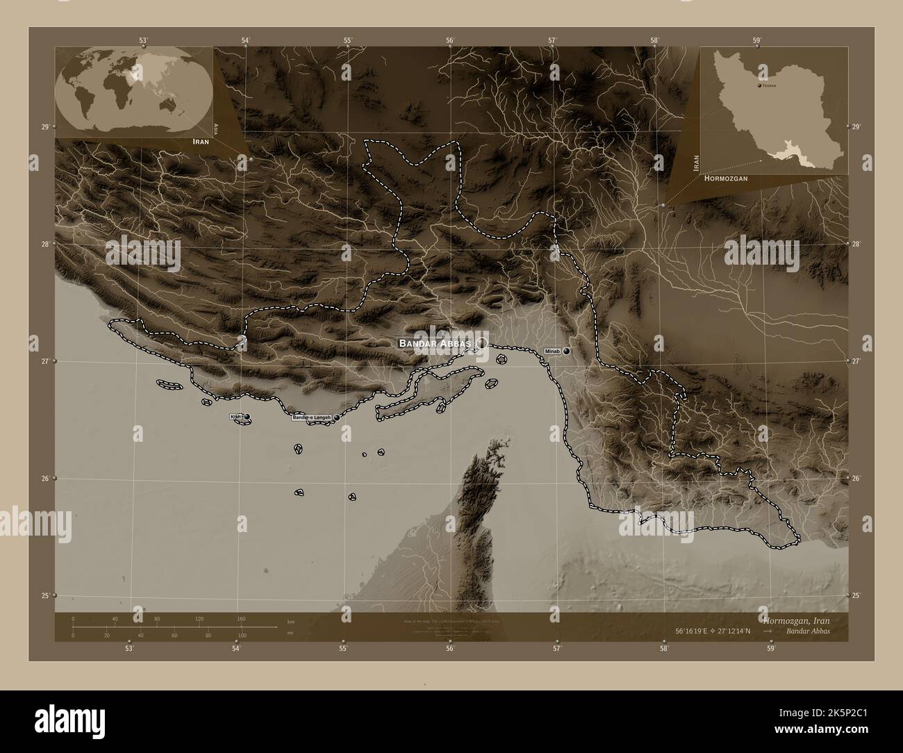 Hormozgan, province of Iran. Elevation map colored in sepia tones with ...