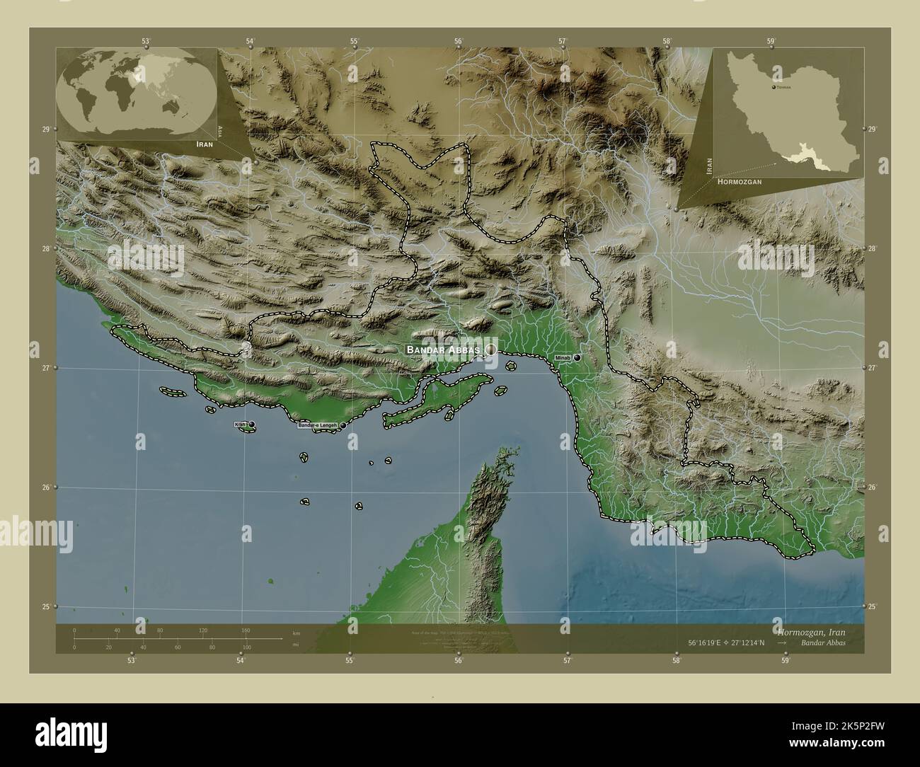 Hormozgan, province of Iran. Elevation map colored in wiki style with ...