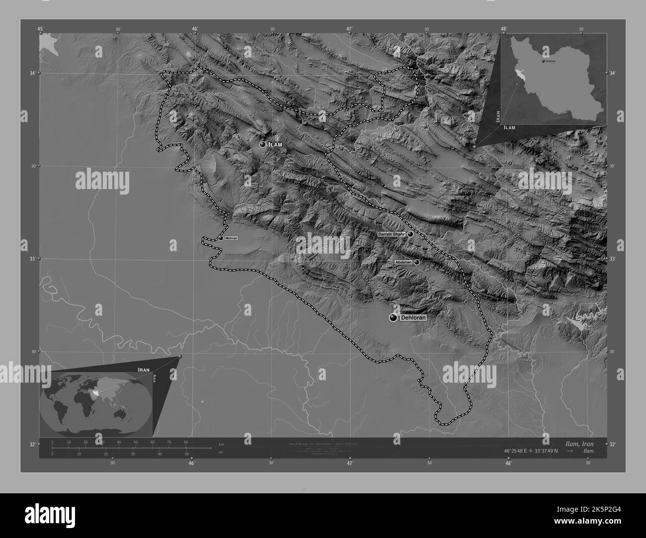 Ilam, province of Iran. Bilevel elevation map with lakes and rivers ...