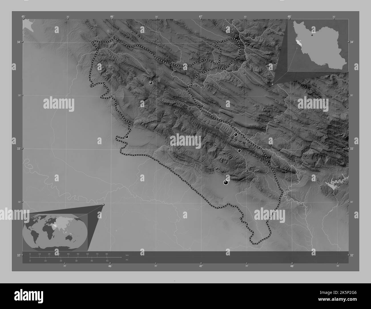 Ilam, province of Iran. Grayscale elevation map with lakes and rivers ...