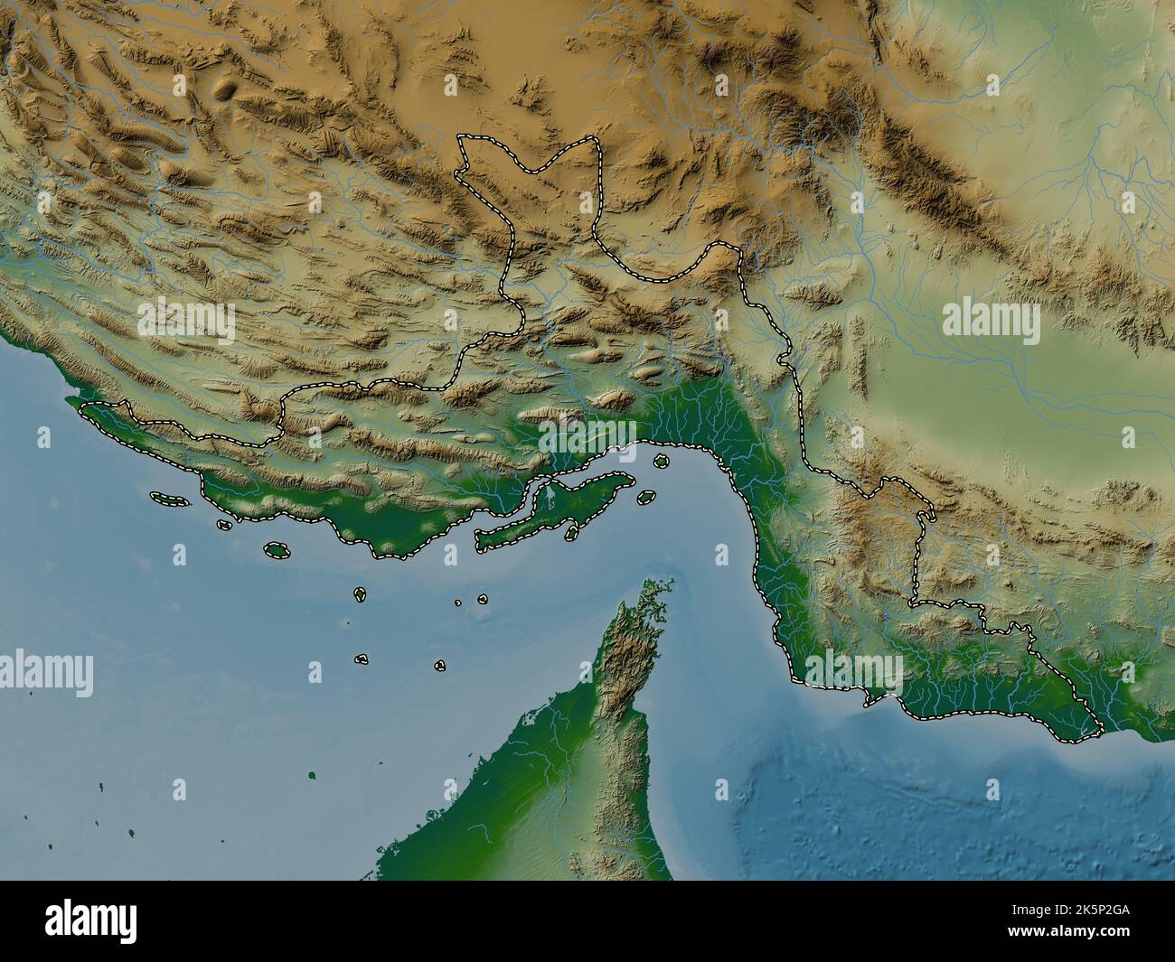 Hormozgan, province of Iran. Colored elevation map with lakes and ...