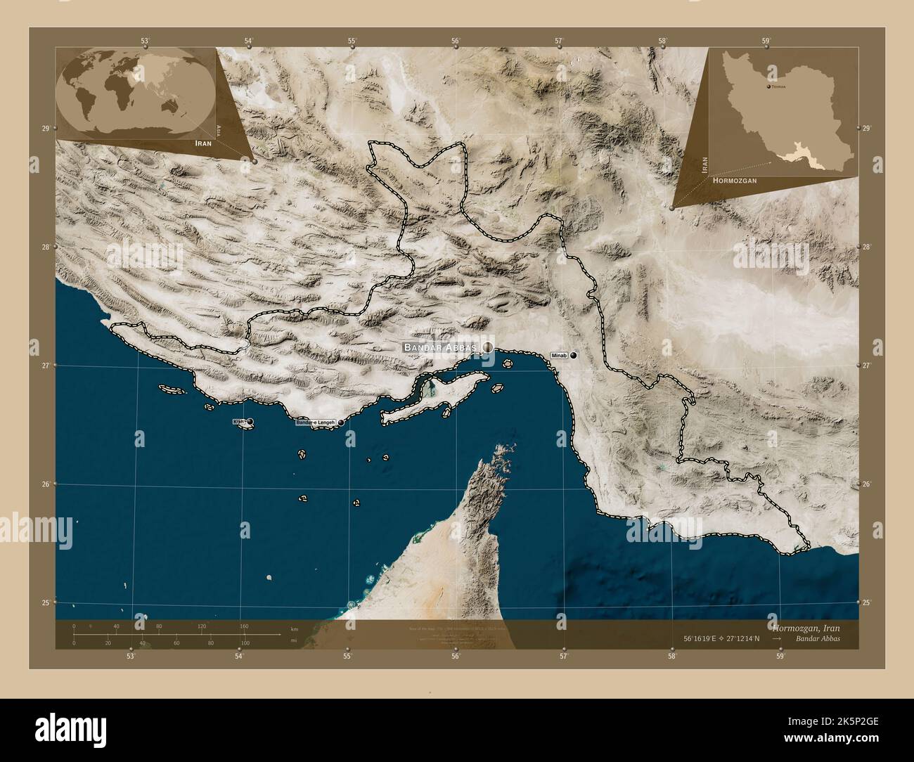 Hormozgan, province of Iran. Low resolution satellite map. Locations ...