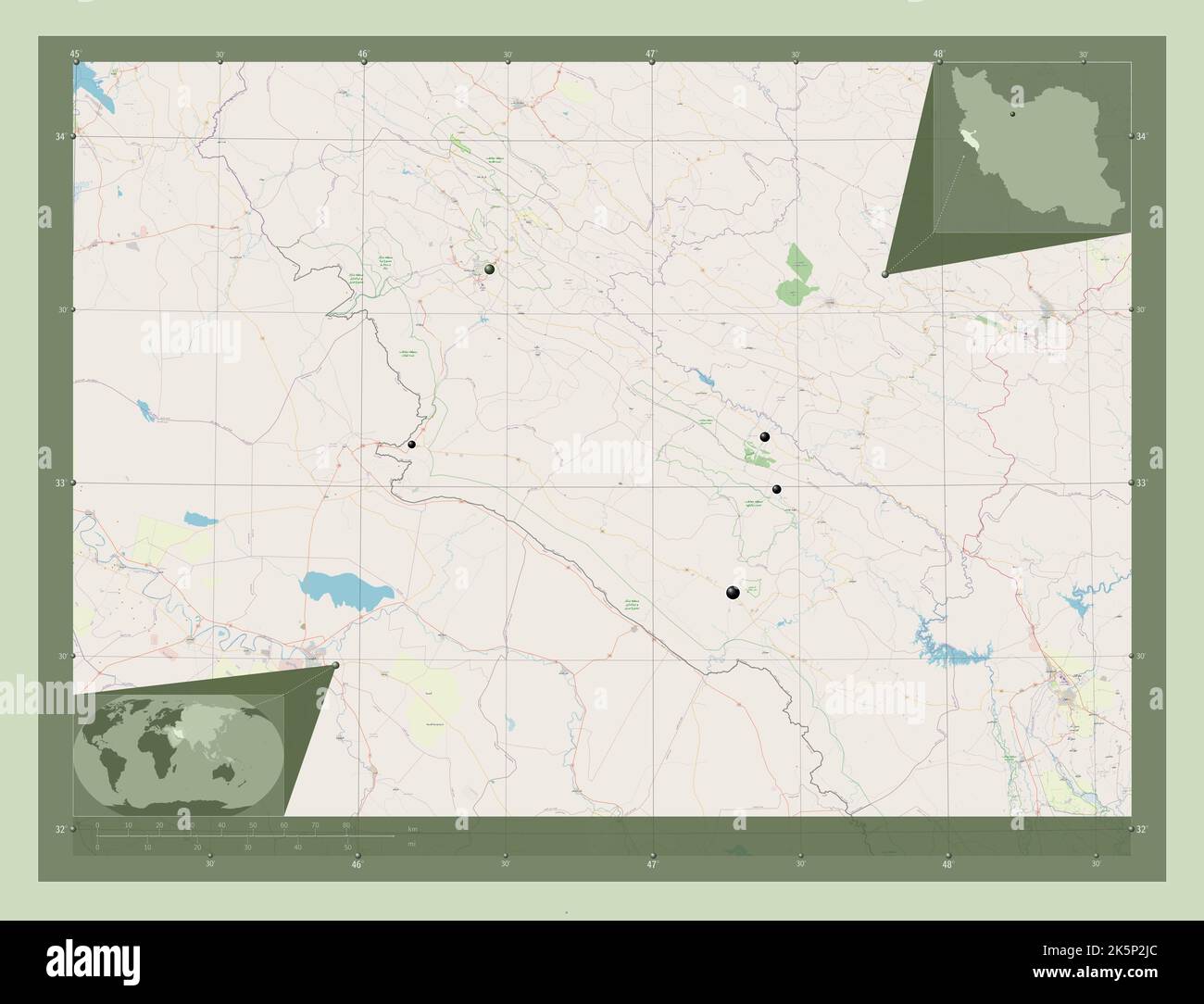 Ilam, province of Iran. Open Street Map. Locations of major cities of ...