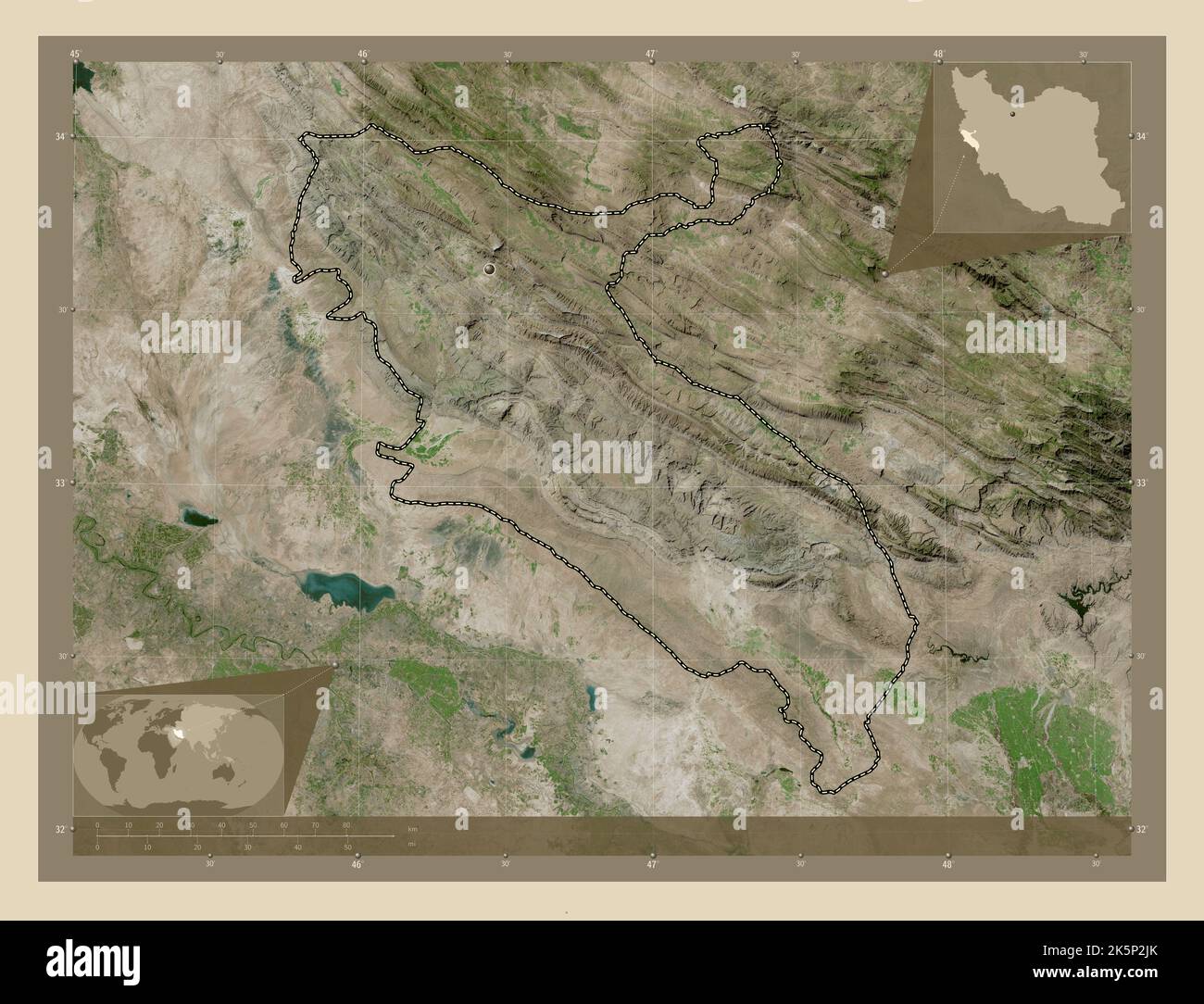 Ilam, province of Iran. High resolution satellite map. Corner auxiliary ...