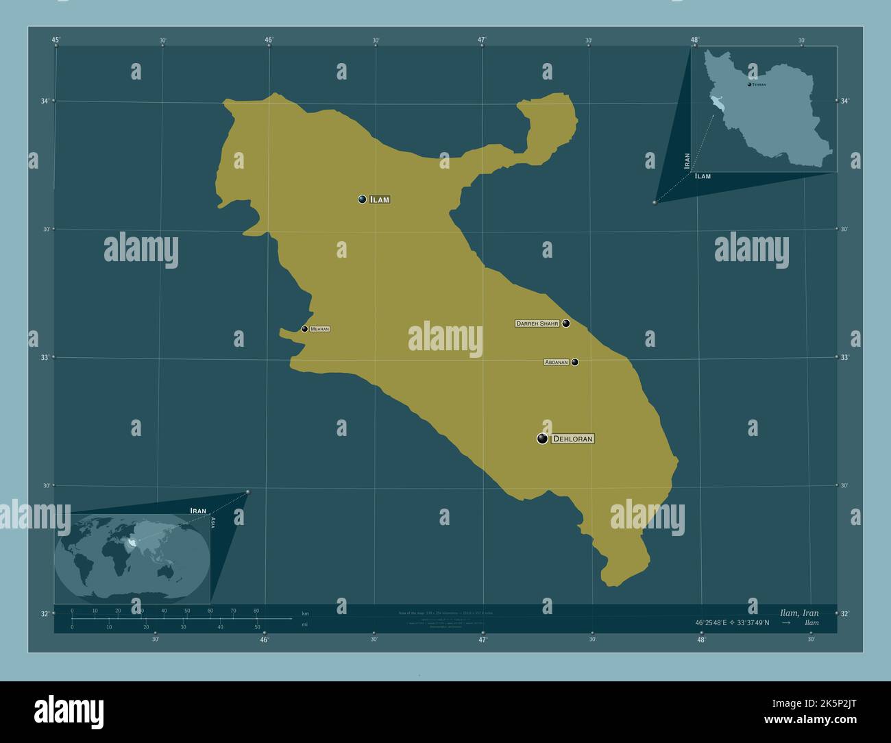 Ilam, province of Iran. Solid color shape. Locations and names of major ...