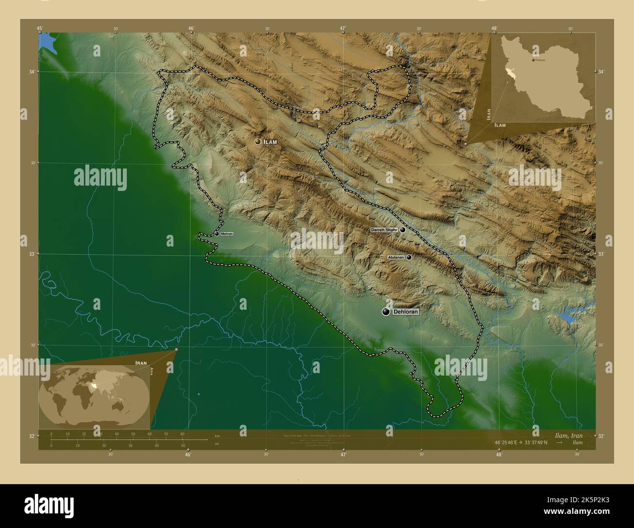 Ilam, province of Iran. Colored elevation map with lakes and rivers ...