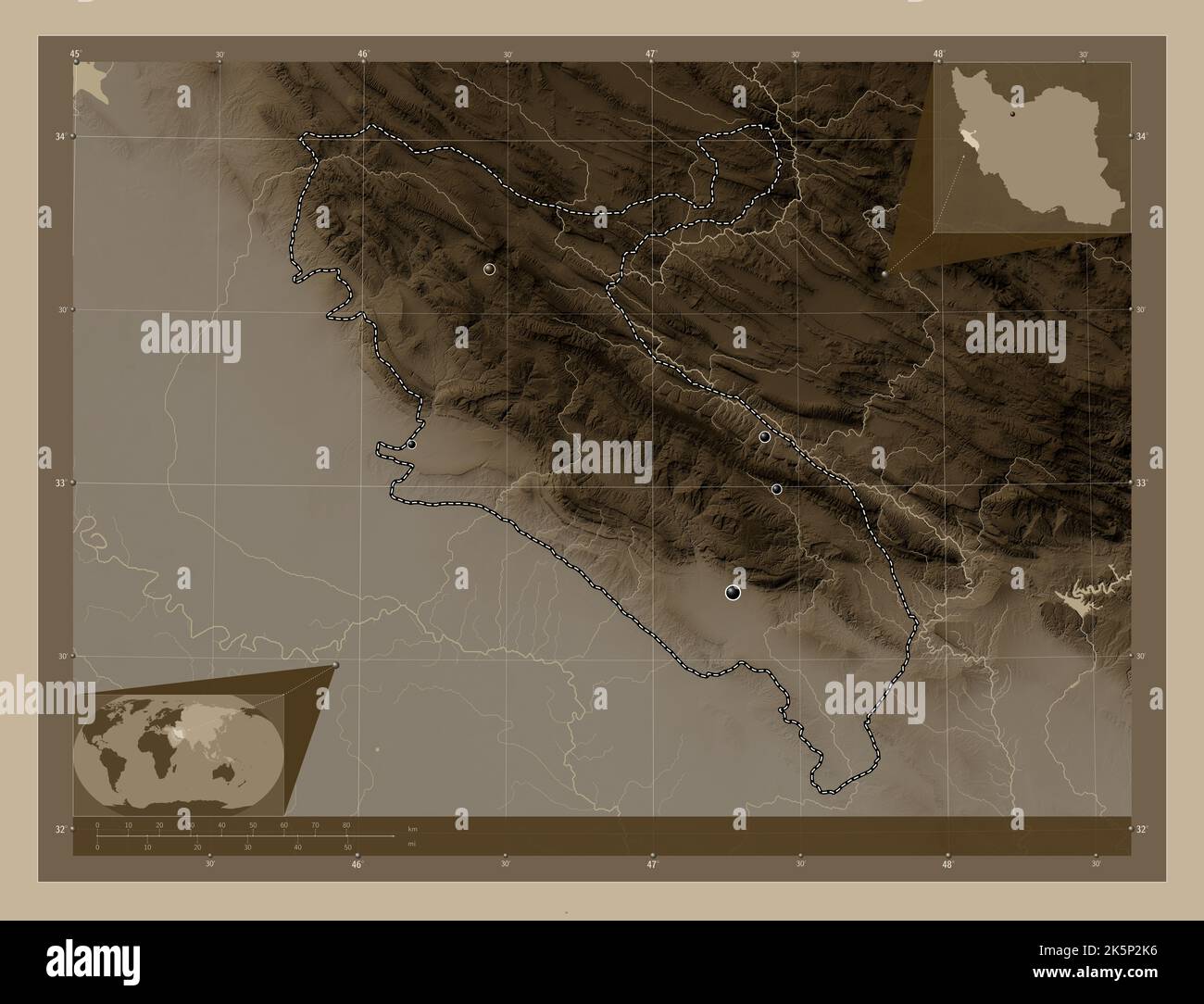 Ilam, province of Iran. Elevation map colored in sepia tones with lakes ...