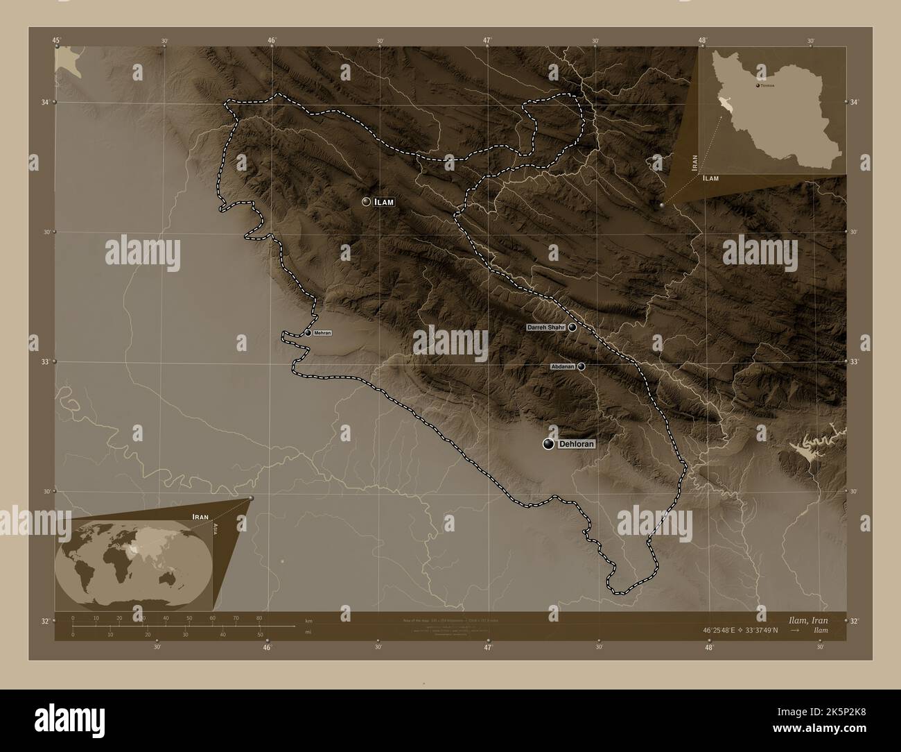Ilam, province of Iran. Elevation map colored in sepia tones with lakes ...