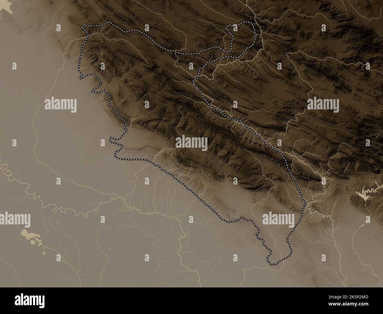 Ilam, province of Iran. Elevation map colored in sepia tones with lakes ...